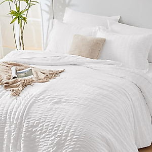CozyLux Twin Bed in a Bag White Seersucker Textured Comforter Set with Sheets 5-Pieces for Girls and Boys - Bedding Sets with Comforter, Pillow Sham, Flat Sheet, Fitted Sheet, Pillowcase