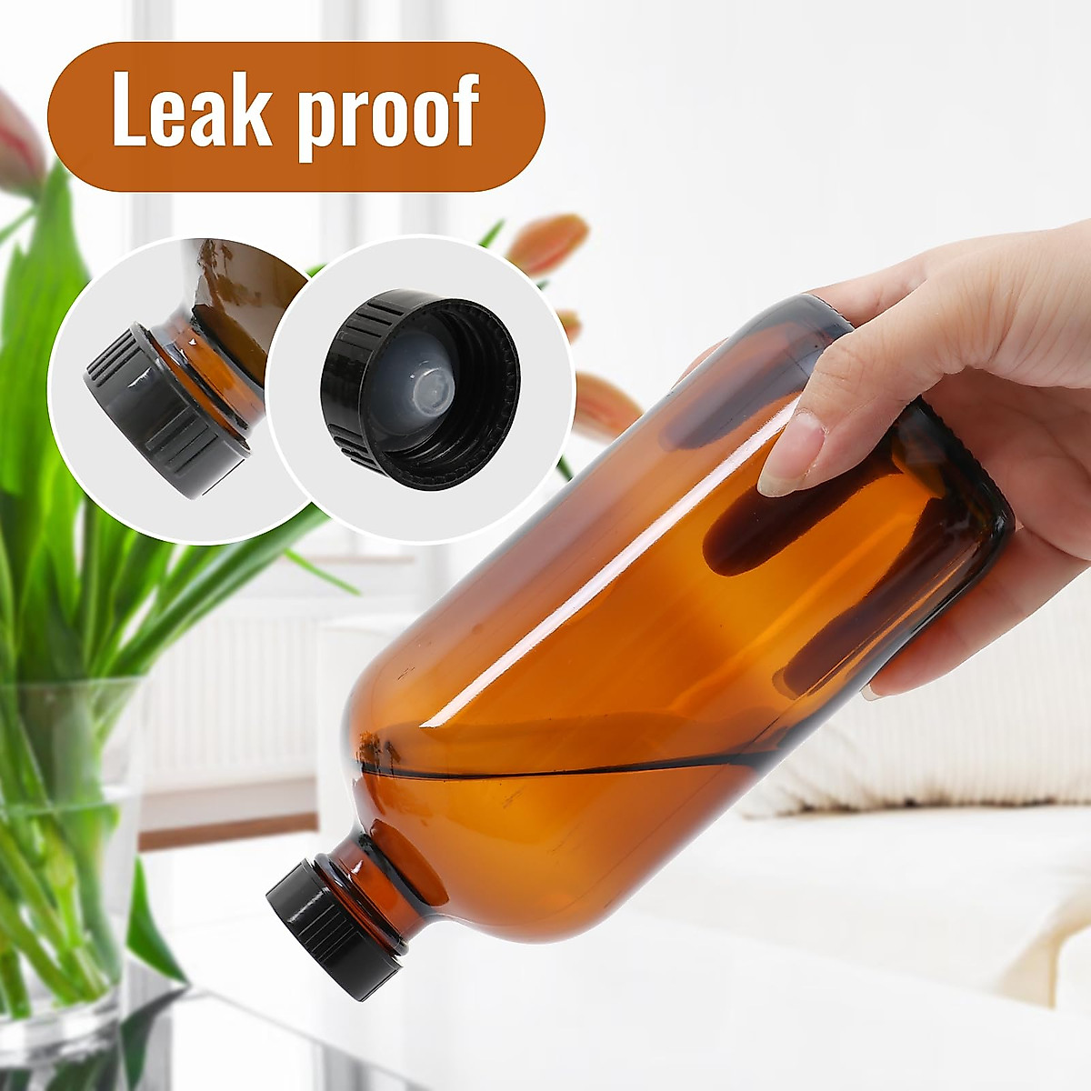 STARSIDE 12 Pack 16 oz Amber Glass Bottles with Lids, 480 ml Round Boston Bottles for Essential Oils, Hot Sauce, Juice, Liquids, Include 2 Funnel, 12 Labels.