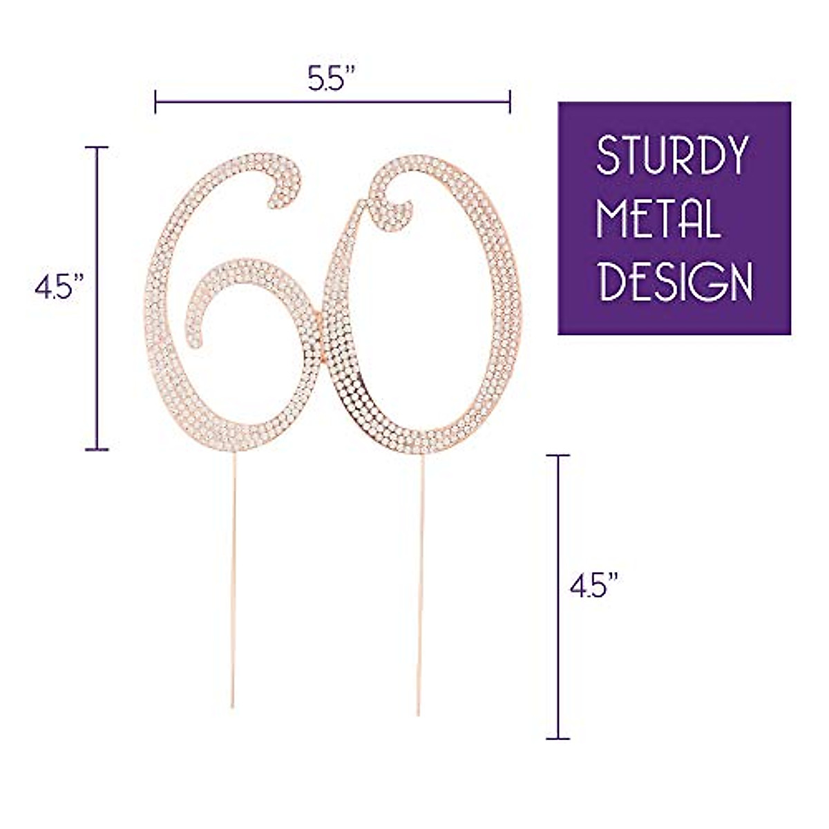 Ella Celebration 60 Cake Topper for 60th Birthday or Anniversary Rose Gold Rhinestone Party Supplies & Decoration Ideas (Rose Gold)