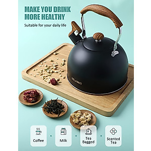Tea Kettle, BELANKO 85 OZ / 2.5 Liter Whistling Tea Kettle, Tea Pots for Stove Top Food Grade Stainless Steel with Wood Pattern Folding Handle, Loud Whistle Kettle for Tea, Coffee, Milk - Black
