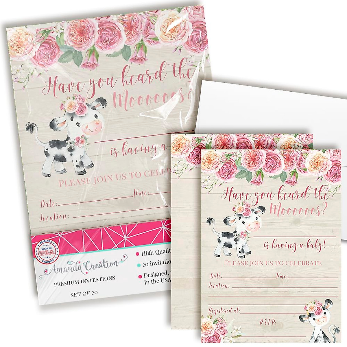 Watercolor Pink Floral Cow-Themed Baby Sprinkle Shower Invitations, 20 5x7 Fill In Cards with Twenty White Envelopes by AmandaCreation