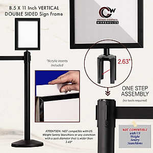 Crowd Control Warehouse Stanchion Post Top Sign Frame, 8.5 x 11 Inch Vertical Black Steel