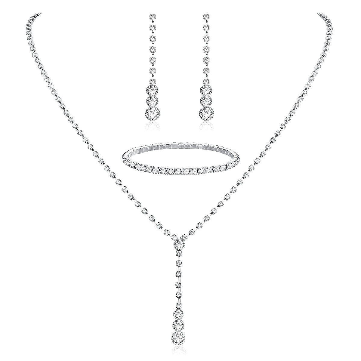 THUNARAZ Sparkled Jewelry Set for Women Silver Rhinestone Necklace Teardrop Dangle Earrings Bracelet for Bride Bridesmaid Crystal Bridal Prom Costume Jewelry Accessories for Wedding Party