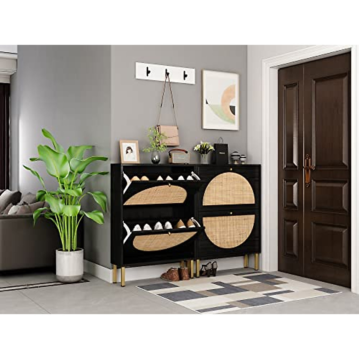 Pvillez Natural Rattan Shoe Cabinet, Modern Free Standing Shoe Racks Storage Cabinet with 2 Flip Drawers and Storage Shelves, Narrow Shoe Rack Cabinet for Entryway, Hallway, Bedroom, Black