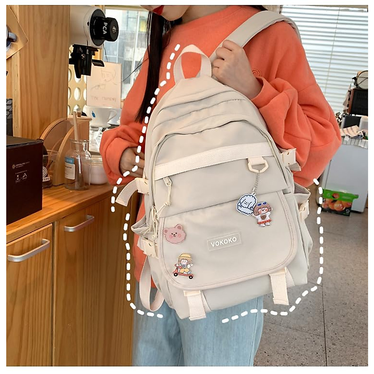 FORJMMP Aesthetic Backpack with Cute Pins, Anti-theft Casual Daypack for Women (White)