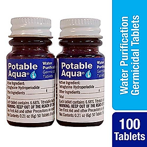 Potable Aqua Water Purification Tablets, Portable and Effective Water Purification Solution for Camping, Hiking, Emergencies, Natural Disasters and International Travel, Two 50ct Bottles, Blue
