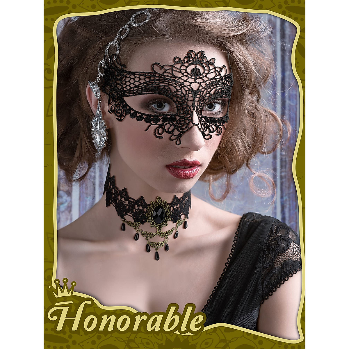 Boao Masquerade Costume Set for Women, Lace Masquerade Mask Gloves Black Gothic Choker Necklace Cosplay Accessories (Elegant Style)