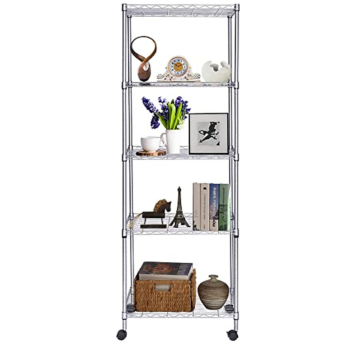 JS HANGER Wire Shelving Unit with Wheels, 5-Tier Heavy Duty Height Adjustable Rolling Metal Shelves for Storage, 550 lbs Capacity, 23.23''W X 13.4''D X 71''H, Silver