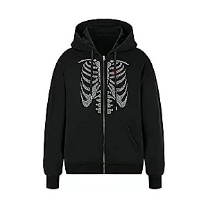 Women's Y2K Hoodie Gothic Skeleton Print Cardigan Sweatshirts Long Sleeve Oversized Pullover Jacket (Black , Large )