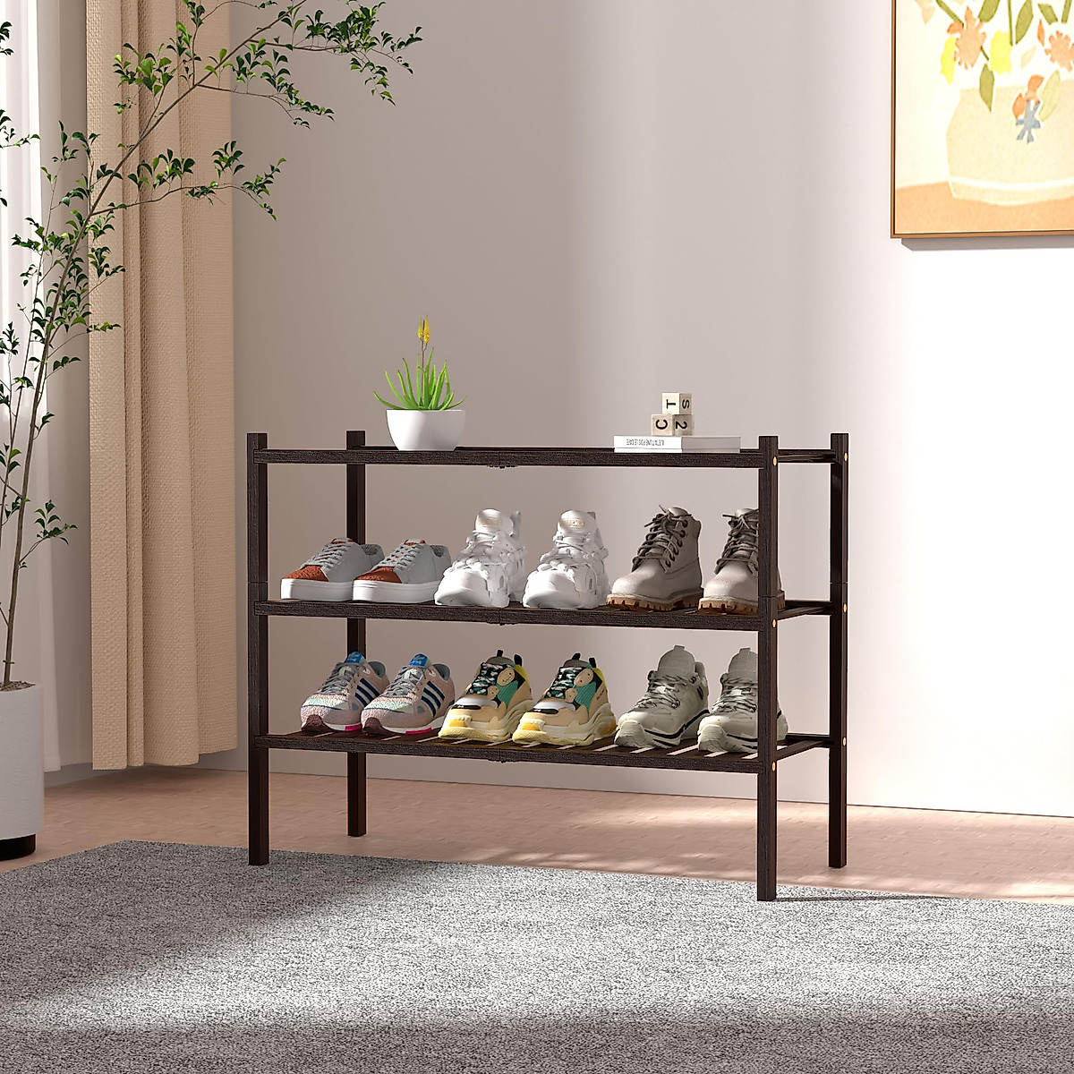 ROMGUAR CRAFT 3 Tier Bamboo Shoe Rack for Closet Free Standing Wood Shoe Shelf for Entryway Small Space Stackable 27"x11"x20" (Brown)