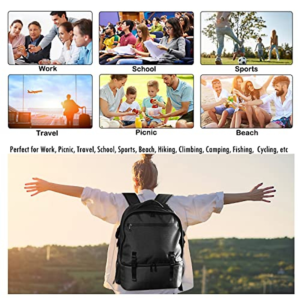 Insulated Cooler Backpack 38 Cans Leakproof Lightweight Lunch Backpack with USB Double Deck Small Cooler Backpack with Cooler Compartment for Work Beach Picnic Travel Trip Men Women (Black)