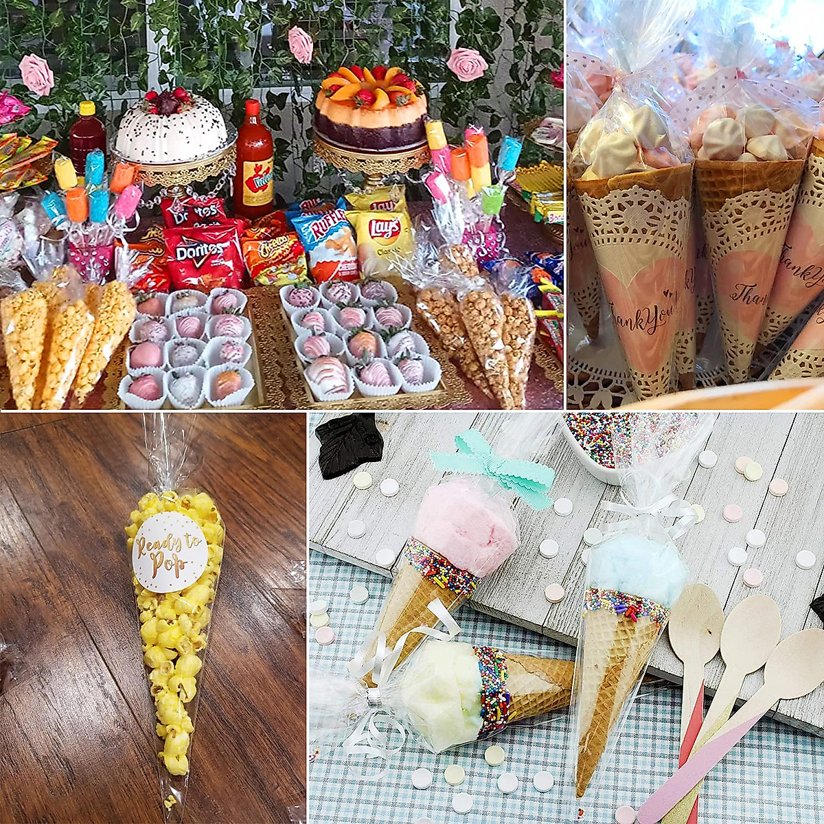 100 Pcs Cone Shaped Bags 7.1" X 14.6" Clear Cone Bags Popcorn Cone Bags for Treat Candy with 100 Twist Ties