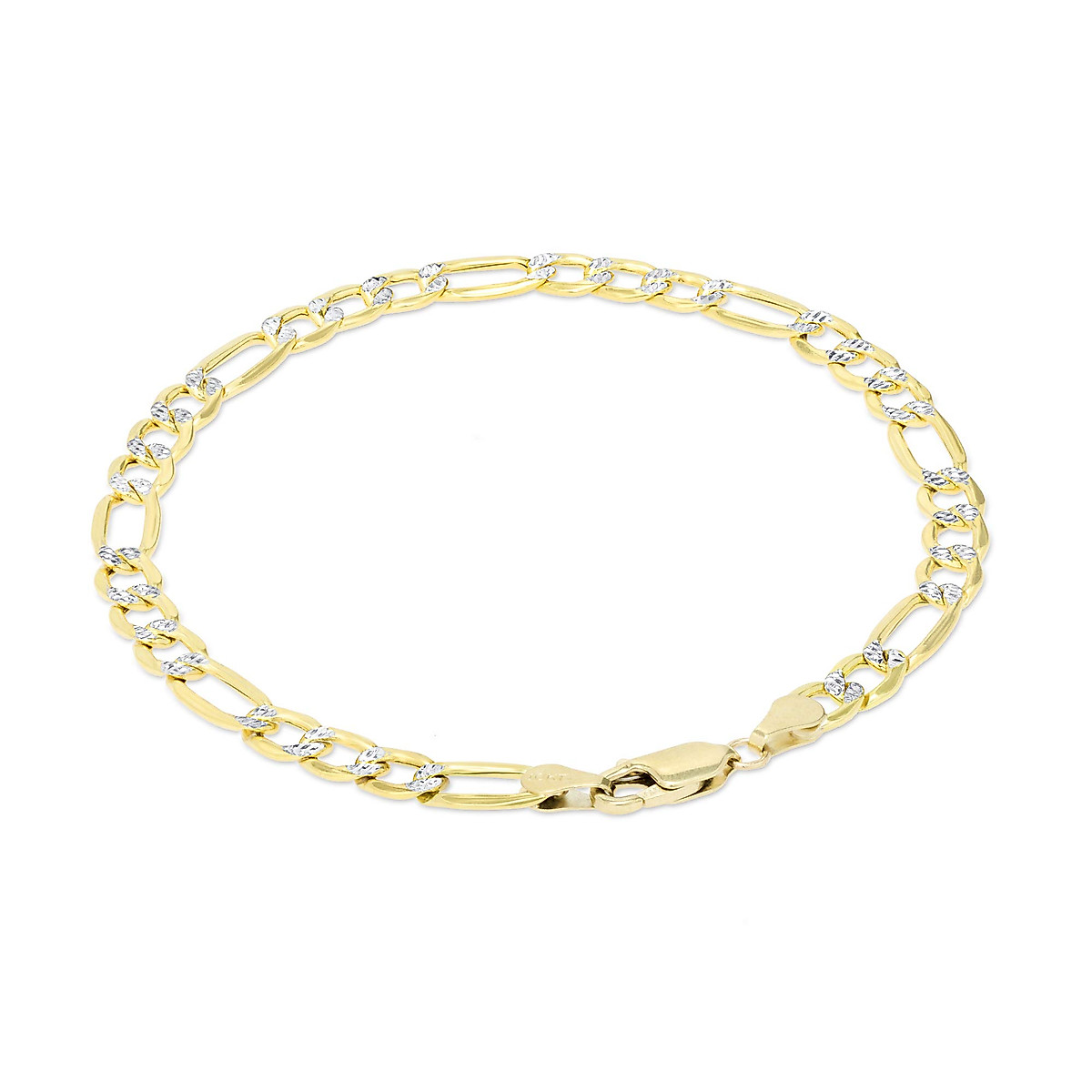 Nuragold 10k Yellow Gold 5.5mm Figaro Chain Link Diamond Cut Pave Two Tone Bracelet, Mens Womens Jewelry 7" 7.5" 8" 8.5" 9"