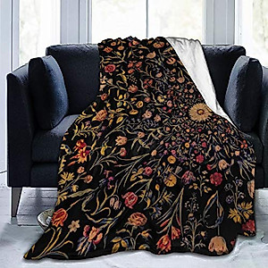 Flannel Plush Cute Throw Blanket, Medieval Flowers On Black Vintage Florals Garden Pattern Blankets for Better Relaxing Work Decorative, Air Conditioning Blanket and Quality Easy Care 80" x 60"