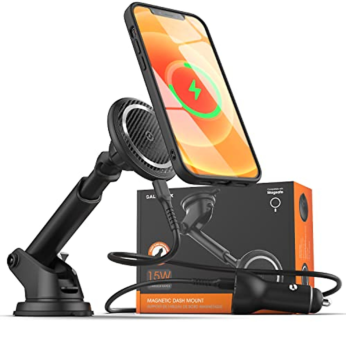 GALVANOX Magnetic Car Mount Phone Holder with Wireless Charging - MagSafe Compatible Fast Charging for iPhone 12,13,14 Pro/Max (15W Charger Included)
