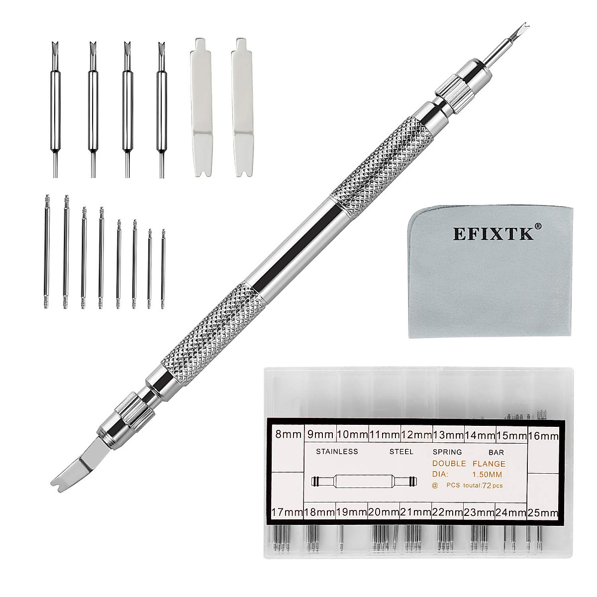 EFIXTK Spring Bar Tool Set with Extra 6 Tips Pins for Watch Wrist Bands Strap Removal Repair Fix Kit,72PCS Extra Watch Pins