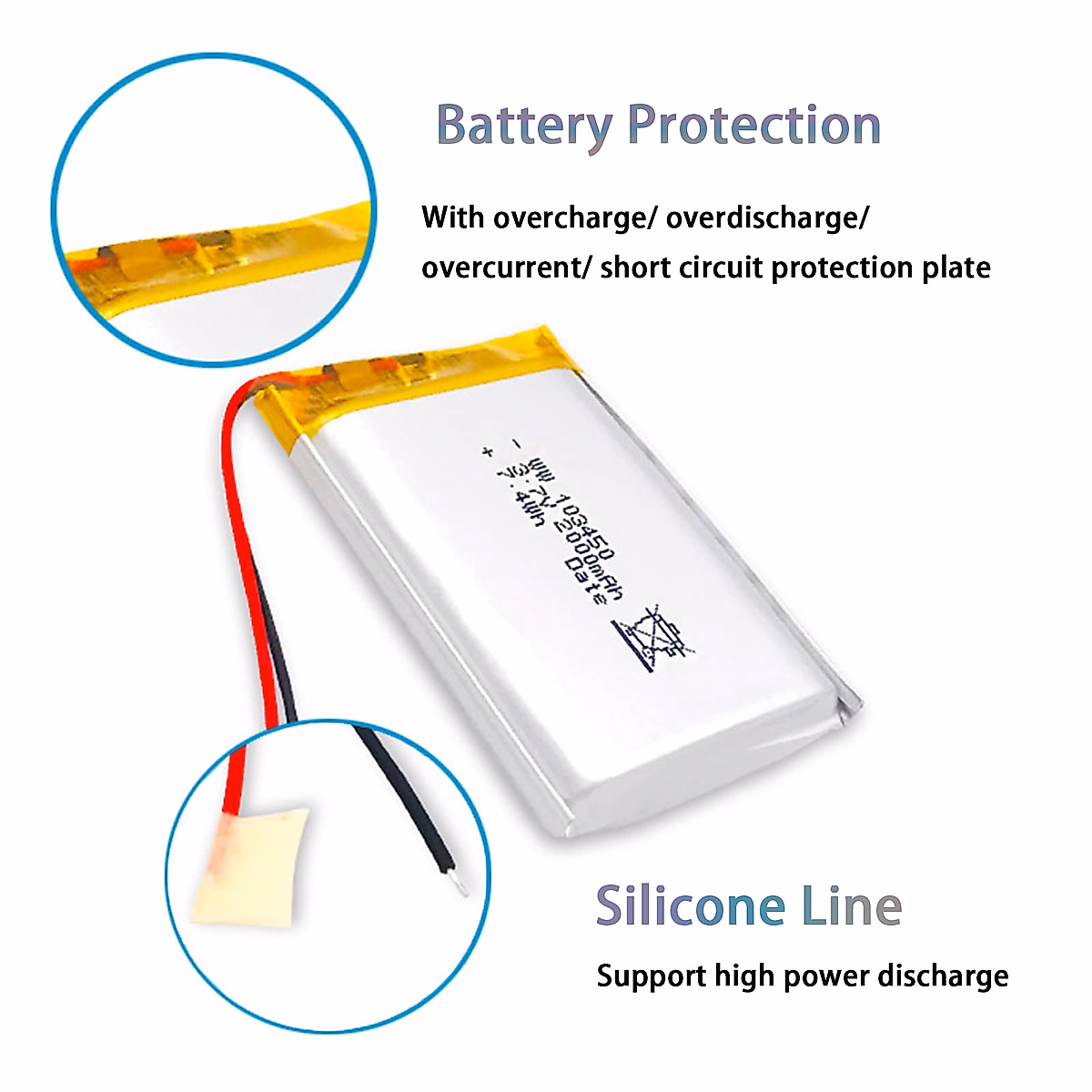 FREEDOH Lithium Polymer Battery 3.7V 2000mAh Rechargeable Lithium Battery 103450 Li-Polymer Ion Backup Battery with Protection Board (2pcs)
