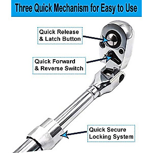 YOTOO Extendable Ratchet Set 3Pcs 1/4", 3/8" & 1/2" Drive 72 Tooth Flex-Head Quick Release Locking Ratchets