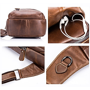 BULLCAPTAIN Men Leather Sling Chest Bag Outdoor Travel Shoulder Crossbody Bags Hiking Small Backpack (Black)