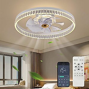 Fszdorj 20‘’ Ceiling Fan with Light, 2024 Upgraded, Low Profile Fan, Flush Mount Ceiling Fan, 6 Speeds, Dimmable LED, App & Remote Control, Quiet DC Motor, For Bedroom, Living Room, F092 White