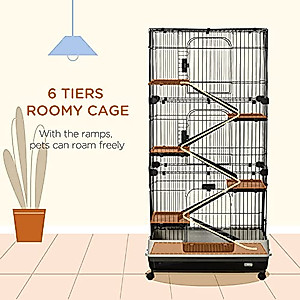 PawHut 60" Small Animal Cage with Wheels, 6-Level Portable Bunny Cage, Chinchilla Ferret Cage with Removable Tray, Platforms and Ramps, Black