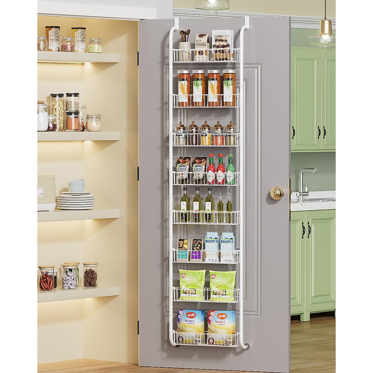 TIMEBAL Over the Door Pantry Organizer, 8-Tier Metal Hanging Rack with 8 Large Baskets, Rust Resistant, White