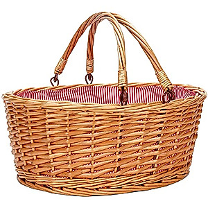 TwentyNext Wicker Picnic Basket with Double Folding Handles, Natural Large Willow Hamper Empty Basket Cheap Easter Eggs Candy Storage Wine Basket for Toy, Flower, Wedding Gifts（Red Stripe L）