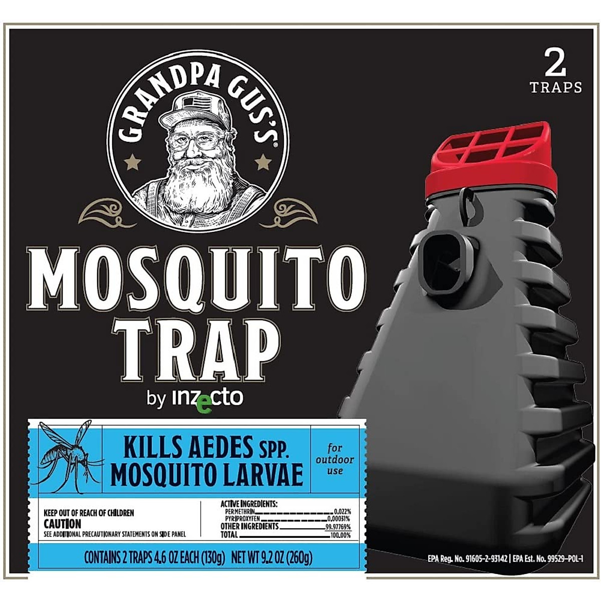 Grandpa Gus's Outdoor Mosquito Trap, Water-Activated Insecticide-Texturized Mosquito Larvae Killer, Protects up to 1500 sq ft (Pack of 2)