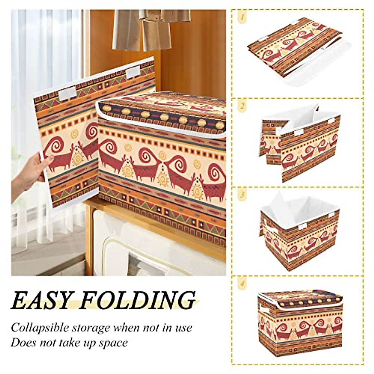 Room Storage Bins with Lids Storage Baskets for Fabric Persian Carpet Tribal Texture Photo Organizing 12x12x16