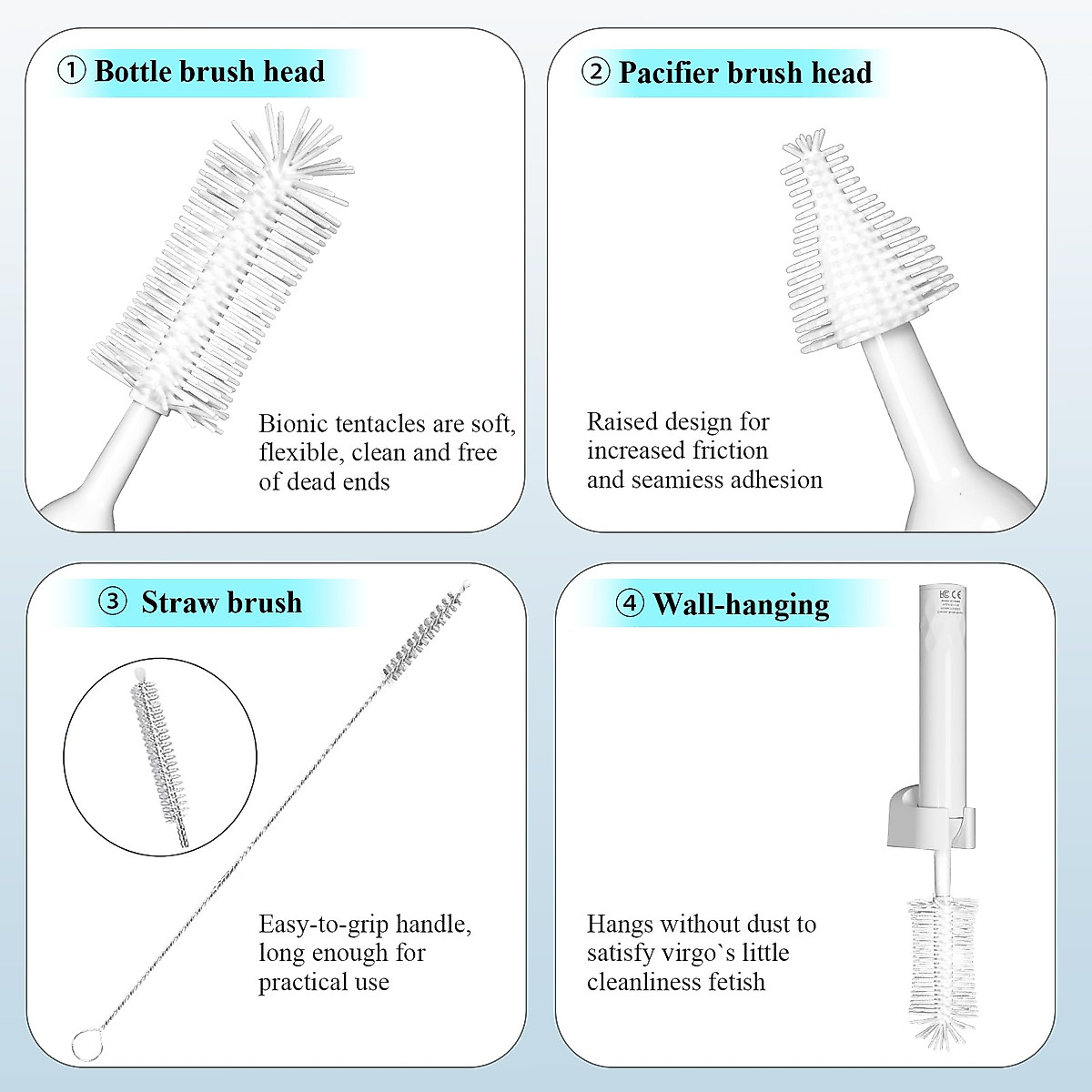 Electric Baby Bottle Brush, Rechargeable Cleaning Brush with Waterproof and Wall-Mounted Design, Silicone Bottle/Pacifier/Straw Brush, 360° Rotating Cleaning, for New Mom (White)