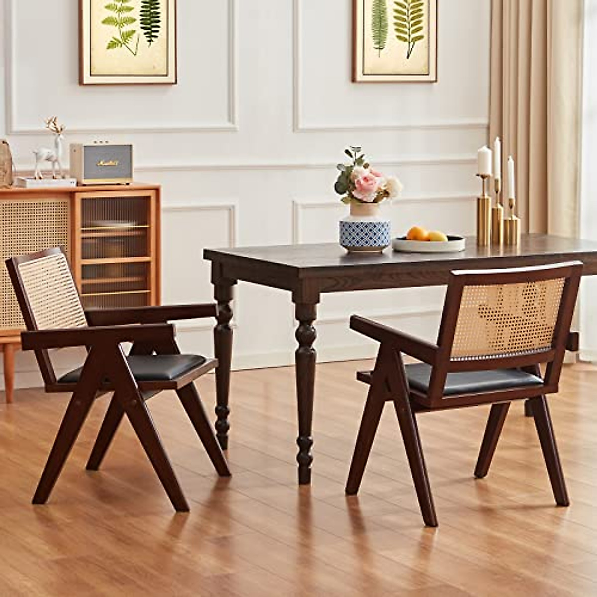 STARY Mid Century Modern Leather Rattan Dining Room Chair, 1 Pcs, Black