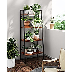 Pipishell Industrial Ladder Shelf, 4-Tier Bookshelf, Free Standing Bookcase Storage Rack Shelves Plant Flower Stand with Wood Look for Living Room, Bedroom, Kitchen, Bathroom, Home Office, Balcony