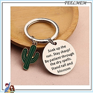 FEELMEM Saguaro Cactus Keychain Soak Up The Sun Stand Tall and Blossom Inspirational Cacti Charms Keychain for Friend Plant Lover Gift (silver)