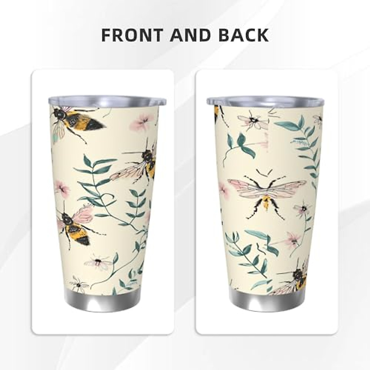 AYCZN Bee Flower 20 OZ Tumbler Stainless Steel Travel Coffee Mug, Floral Insulated Water Bottle with Lid and Straws Leakproof Thermal Cup