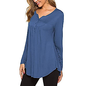 Halife Womens Long Sleeve Tops to Wear with Leggings Henley V Neck T Shirts Pleated Tunic Fall Blouse Blue L