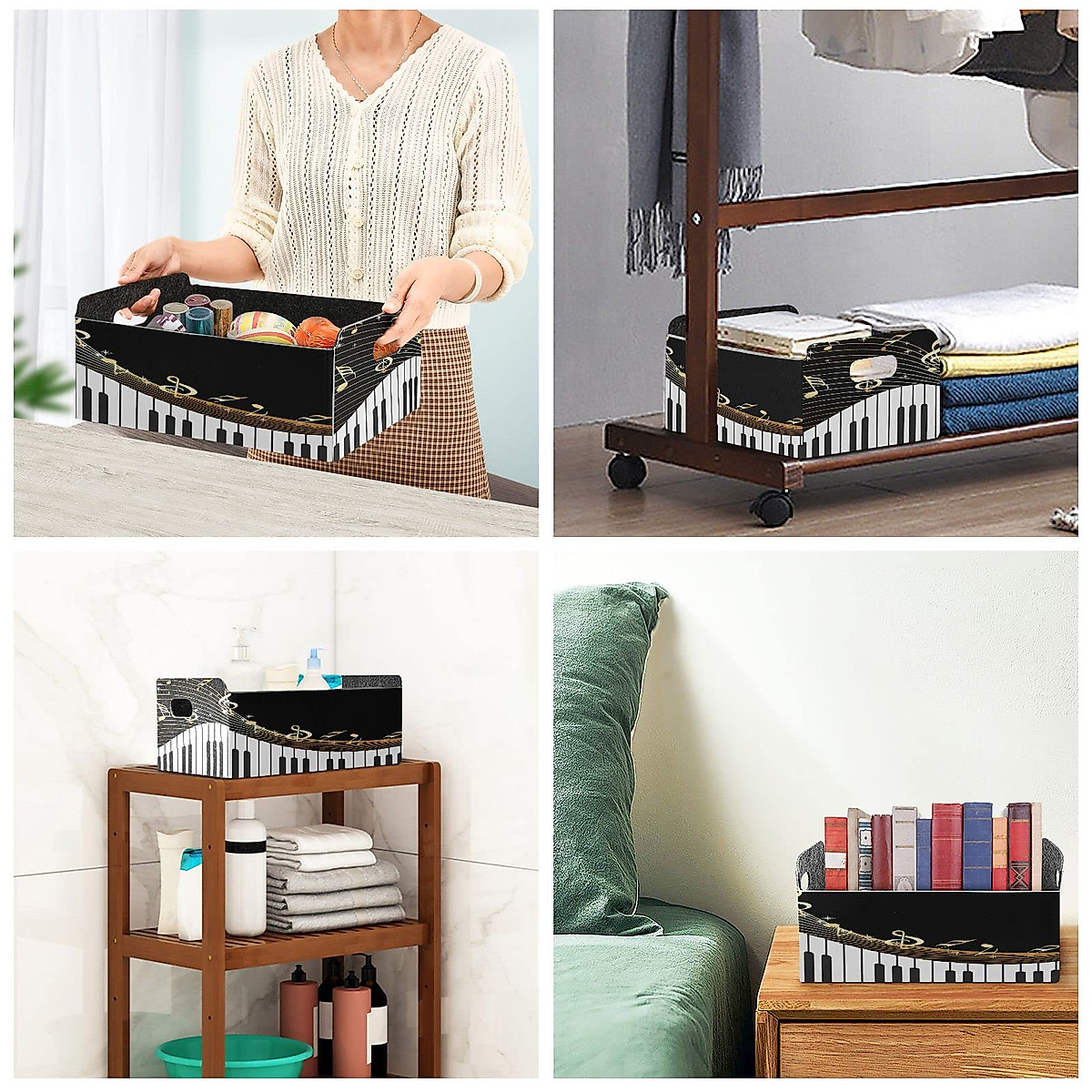 Kigai Collapsible Felt Storage Bins Music Note Piano Key Rectangle with Handle Storage Bins Baskets Toys Storage Basket for Organizing Closet Clothes Office Books Home Decor