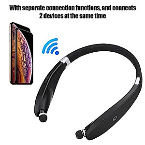 Neckband Headphones, Wireless Neckband Headset with Retractable Earbuds, Sports Sweat Proof Noise Cancelling Foldable Stereo Earphones Bluetooth Headphones with Mic(Black)