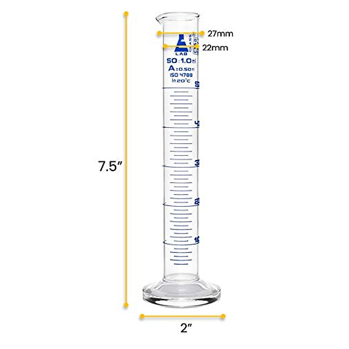 EISCO Graduated Cylinder, 50ml - Class A Tolerance ±0.50ml - Round Base - Blue Graduations - Borosilicate 3.3 Glass