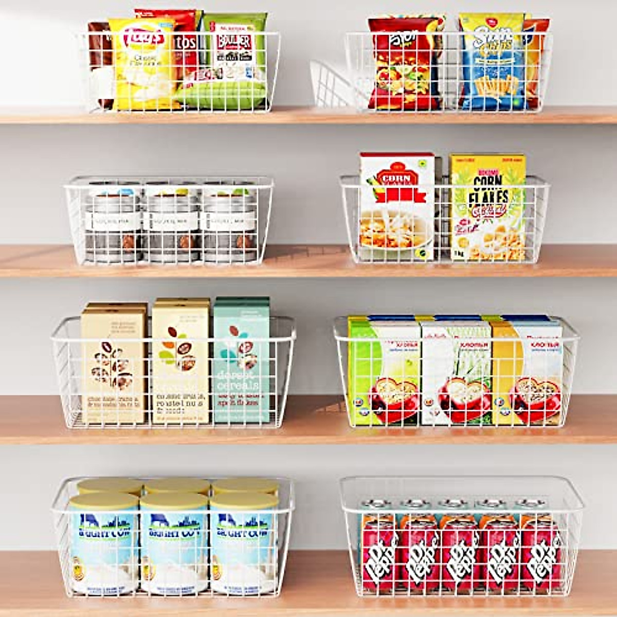 Wire Storage Baskets, iSPECLE 4 Pack Large Metal Wire Baskets Pantry Organization and Storage with Handles, Freezer Organizer Bins for Pantry Kitchen Shelf Laundry Cabinets Garage, White