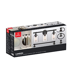 Globe Electric 51415 5-Piece All-in-One Bathroom Accessory Set, with Vanity, Bronze, 3-Light Vanity Light, Seeded Glass, Towel Bar, Towel Ring, Robe Hook, Toilet Paper Holder, Home Improvement