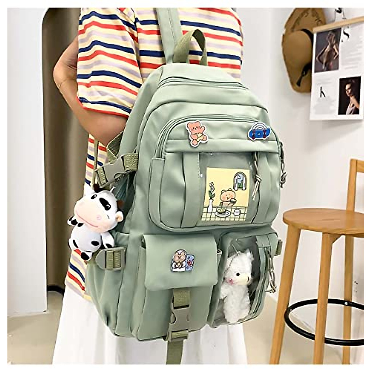 Kawaii Backpack Cute School Backpacks Aesthetic Bookbags with Kawaii Pin Accessories for Teen Girls (Green)