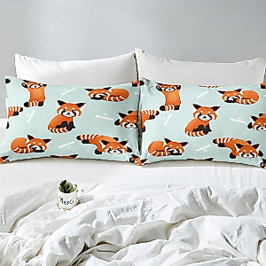 Red Panda Comforter Set Twin Size Cute Animal Pattern Bedding Set for Kids Boys Girls Cartoon Panda Printed Duvet Set Kawaii Wildlife Style Leaves Plant Comforter Set Child Bedroom Decor Teal