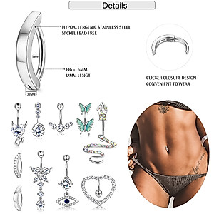 FIASASO 10Pcs Belly Button Ring 14G Dangle Cute Gold Plated Snake Evil Eye Heart Clear CZ Butterfly Clicker Belly Button Rings for Women Belly Piercing Pack silver