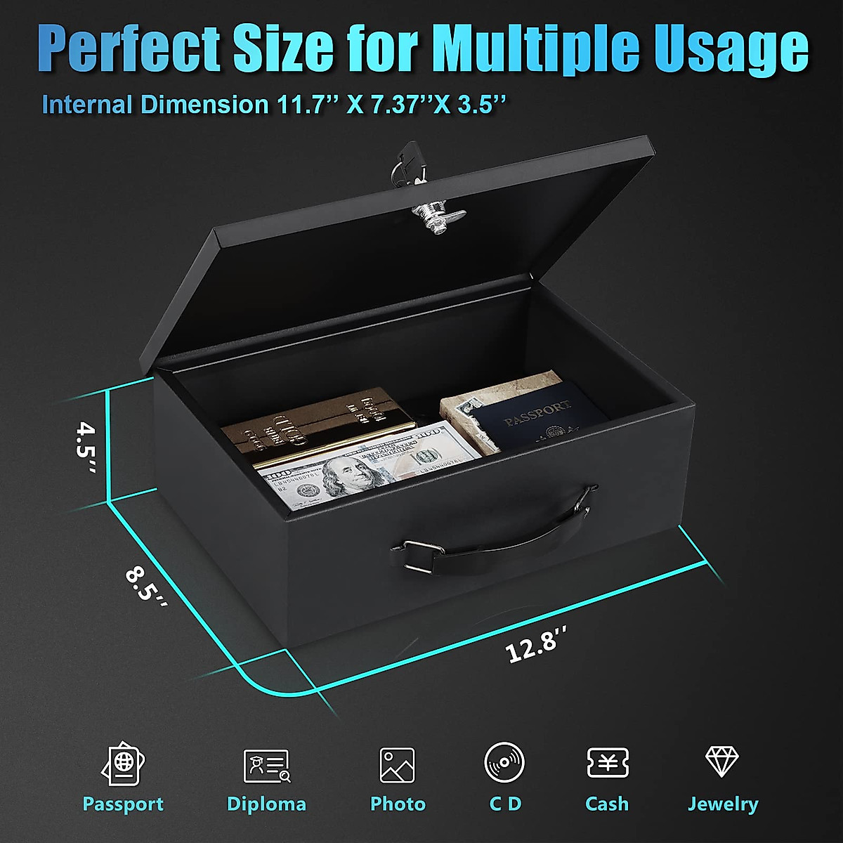 xydled Fire Resistant Safe Fire Safe Box with Key Lock for Home Office Security Storage for Valuables Documents,12.8 x 8.5 x 4.5 Inch,Black