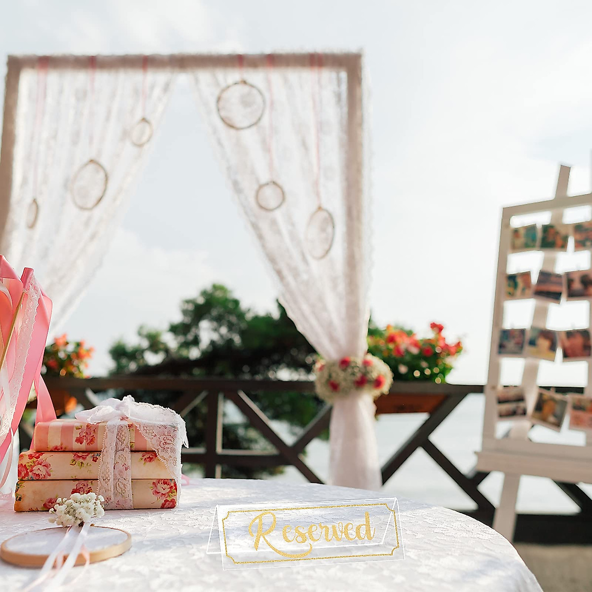 16 Pieces Reserved Sign Acrylic Clear Reserved Table Tent Signs Table Number Holders for Wedding Printed Seating Reservation Restaurant Business Office Meeting Party (Gold)