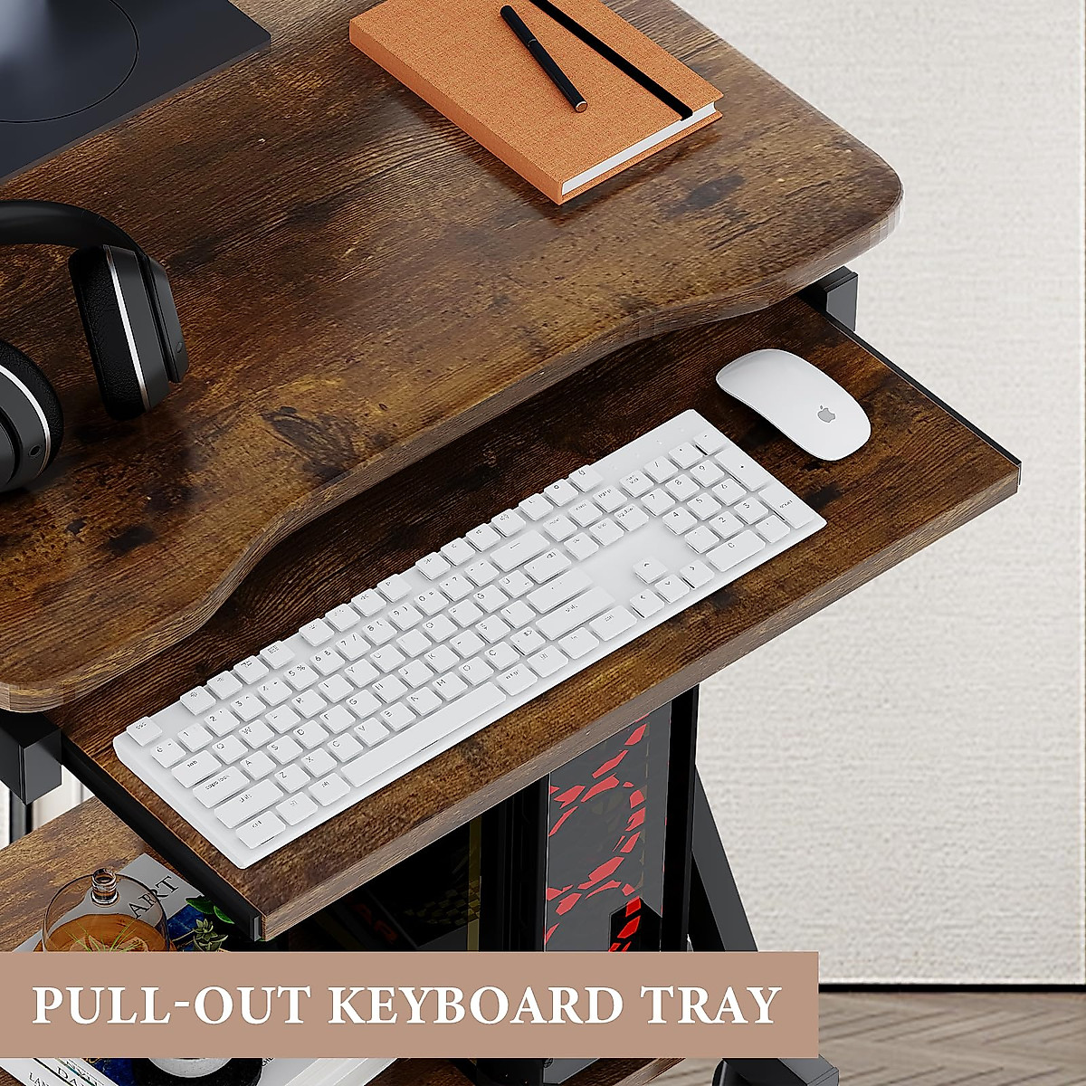 ZERDER Small Computer Desks with Power Outlet, Z-Shaped Home Office Desks for Small Space, Compact Study Desk with Keyboard Tray and Casters, Computer Workstation for Home and Office, Brown