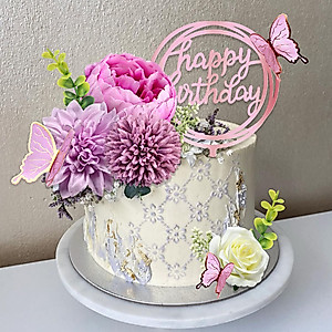 14 PCS Butterfly Cake Toppers Happy Birthday Cake Decorations with Artificial Purple Flowers Eucalyptus Butterflies for Girls Birthday Party Wedding Baby Shower Supplies (Purple)