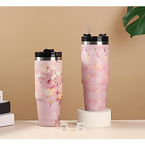 Gold Rose Marble 30 oz Tumbler with Lid And Straw,Stainless Steel Vacuum Insulated Travel Mug,Reusable Water Bottle Vacuum Travel Coffee Mug Cup,Personalized Design Pink Tumbler Gift for Women Girls