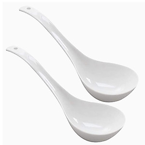 Big Porcelain Porridge Spoon Bone Chinese Large Spoons White Ceramic Japanese Deep Flatware Soup Spoons Long Handled (bright white 2 pack)