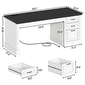 SEDETA Office Desk with 3 Drawers, 55" Executive Computer Desk with Storage Drawers, Farmhouse Desk with Power Outlet for Home Office, White